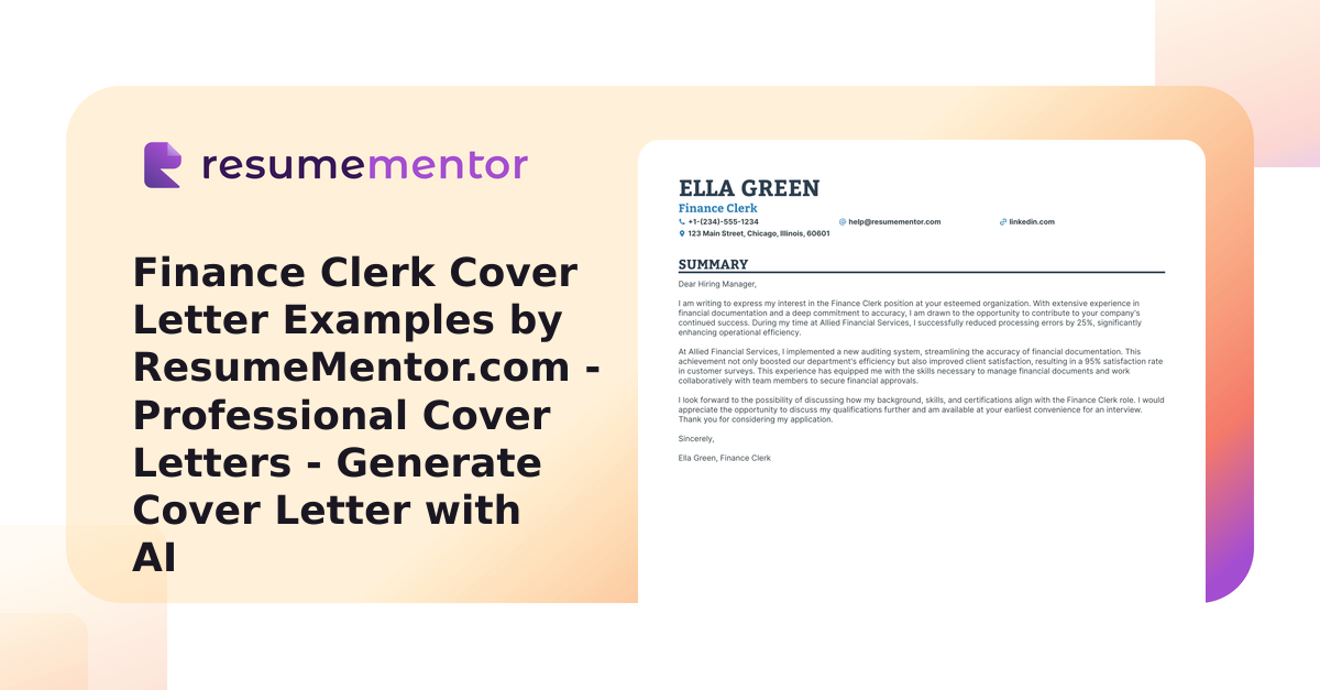 Finance Clerk Cover Letter Examples by ResumeMentor.com - Professional ...