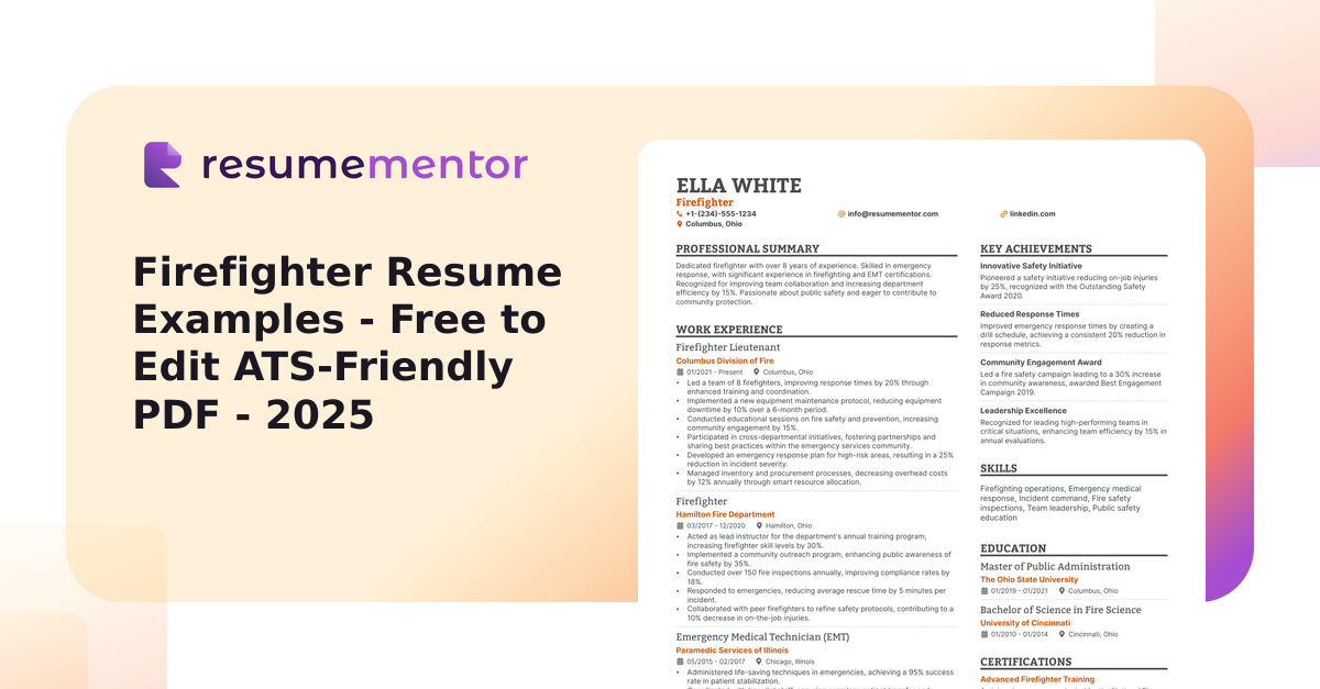 Firefighter Resume Examples - Free to Edit ATS-Friendly PDF - 2025