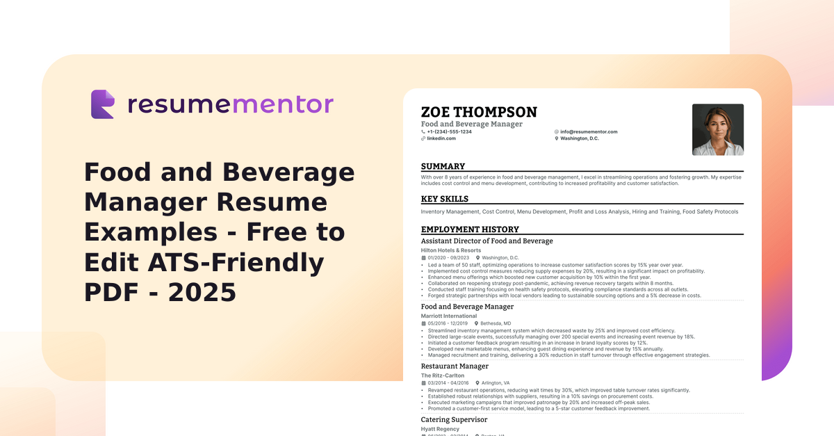 Food and Beverage Manager Resume Examples - Free to Edit ATS-Friendly ...