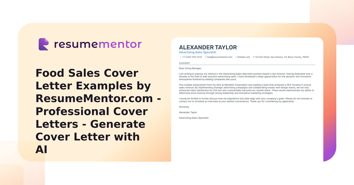 Food Sales Cover Letter Examples by ResumeMentor.com - Professional ...