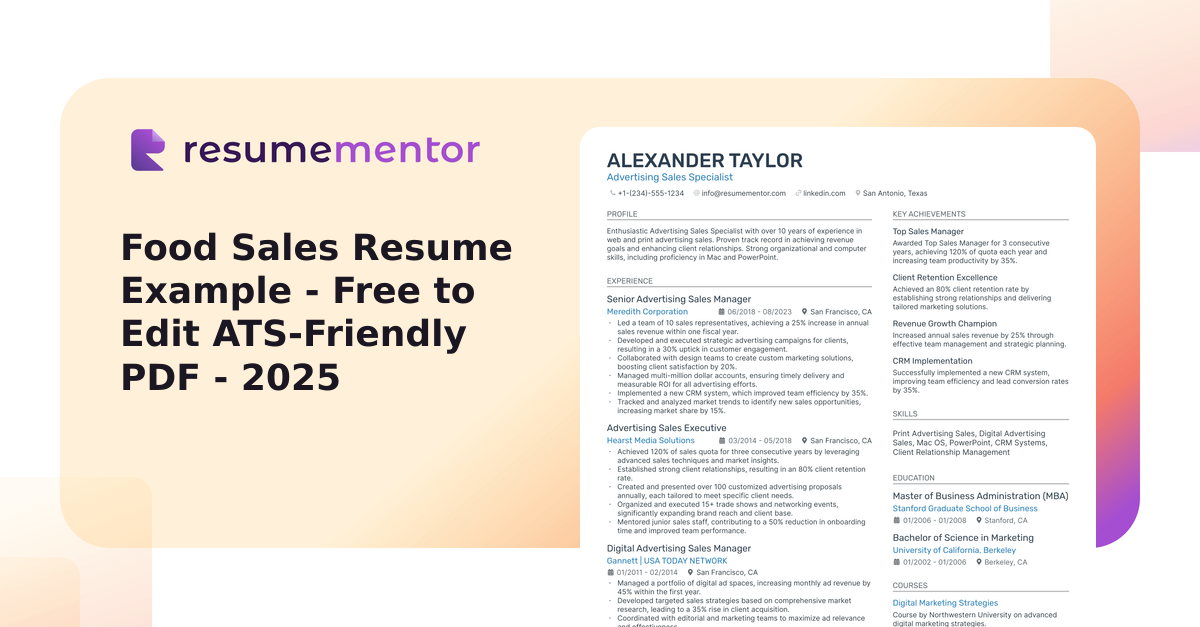 Food Sales Resume Example - Free to Edit ATS-Friendly PDF - 2025