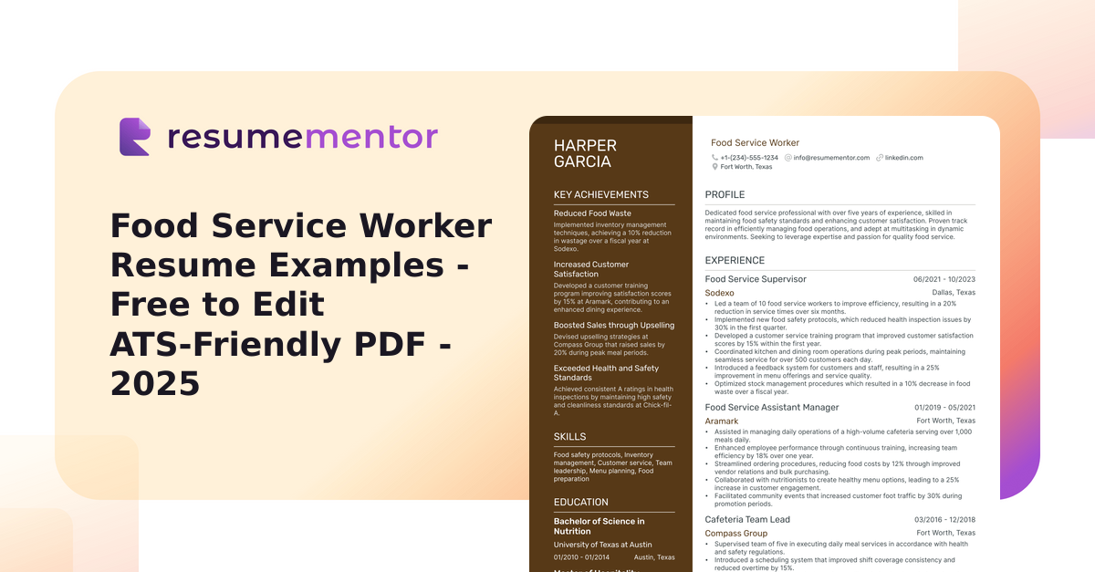 Food Service Worker Resume Examples - Free to Edit ATS-Friendly PDF - 2025