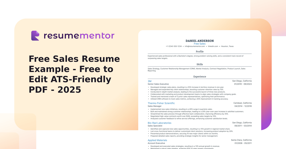 Free Sales Resume Example - Free to Edit ATS-Friendly PDF - 2025