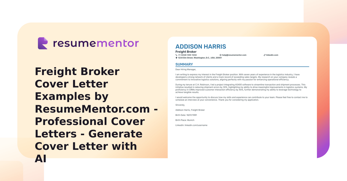 Freight Broker Cover Letter Examples by ResumeMentor.com - Professional ...