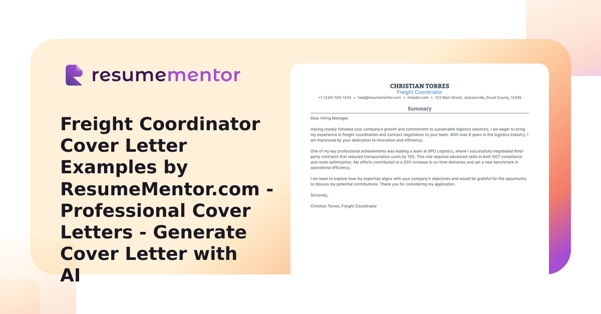 Freight Coordinator Cover Letter Examples by ResumeMentor.com ...
