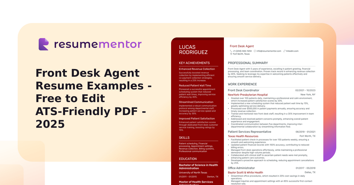 Front Desk Agent Resume Examples - Free to Edit ATS-Friendly PDF - 2025