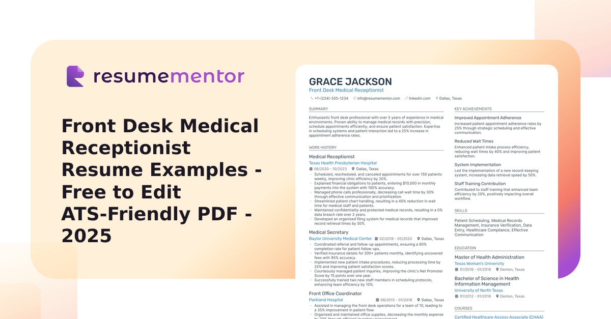 Front Desk Medical Receptionist Resume Examples - Free to Edit ATS ...