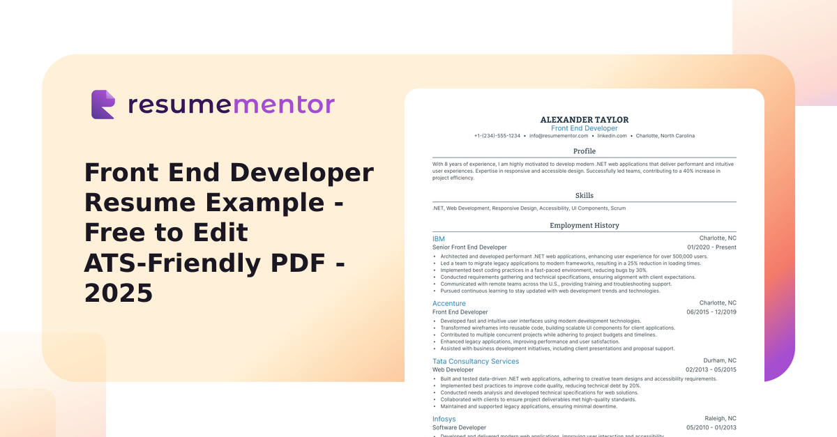Front End Developer Resume Example - Free to Edit ATS-Friendly PDF - 2025