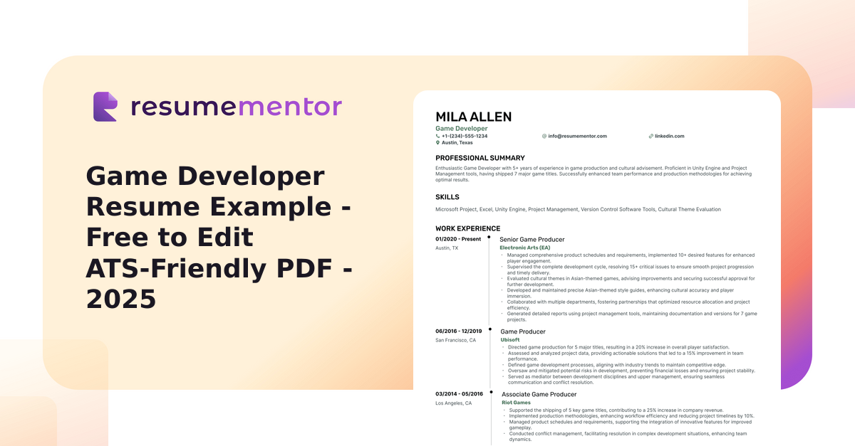 Game Developer Resume Example - Free to Edit ATS-Friendly PDF - 2025