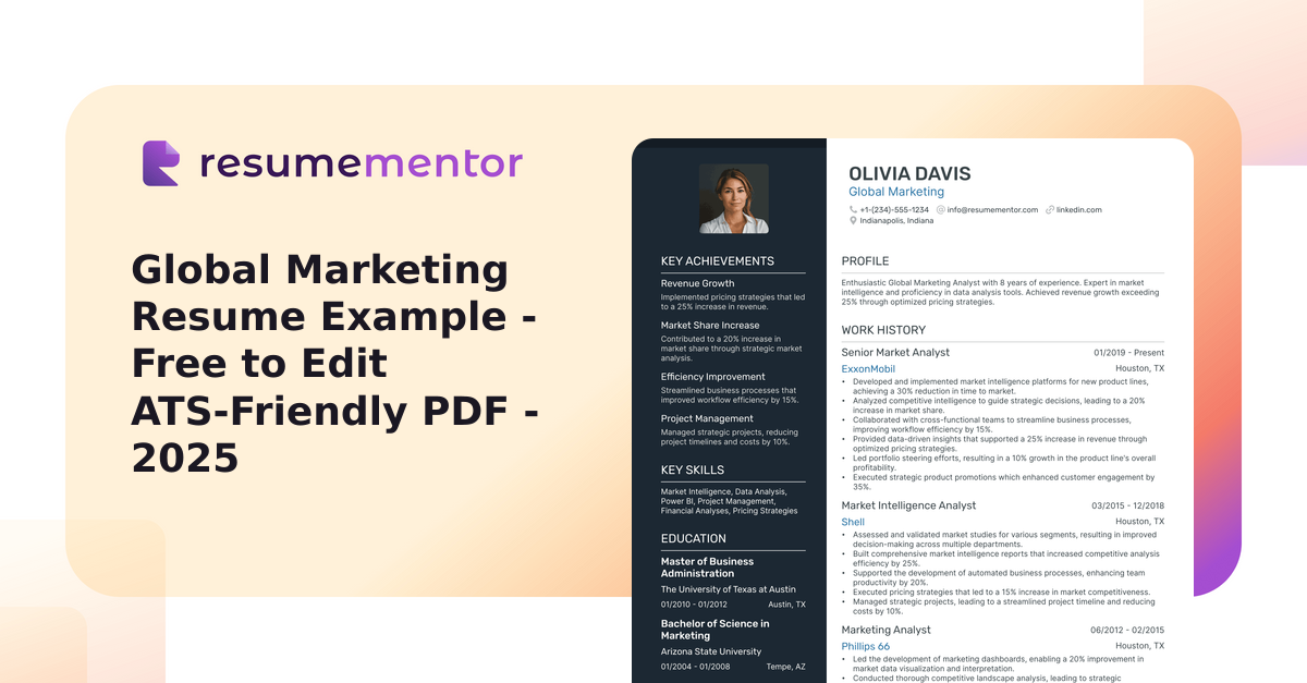 Global Marketing Resume Example - Free to Edit ATS-Friendly PDF - 2025