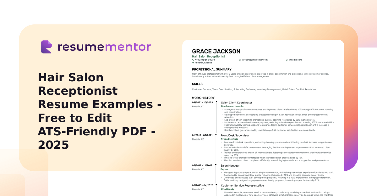 Hair Salon Receptionist Resume Examples - Free To Edit Ats-friendly Pdf