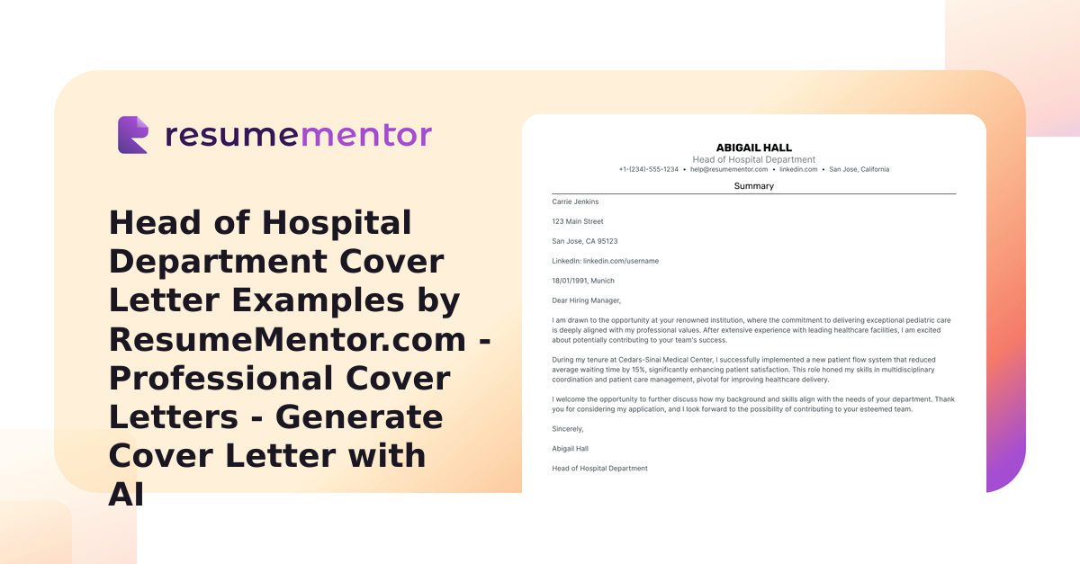 Head of Hospital Department Cover Letter Examples by ResumeMentor.com ...