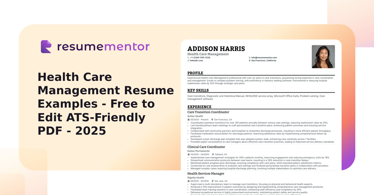 Health Care Management Resume Examples - Free to Edit ATS-Friendly PDF ...