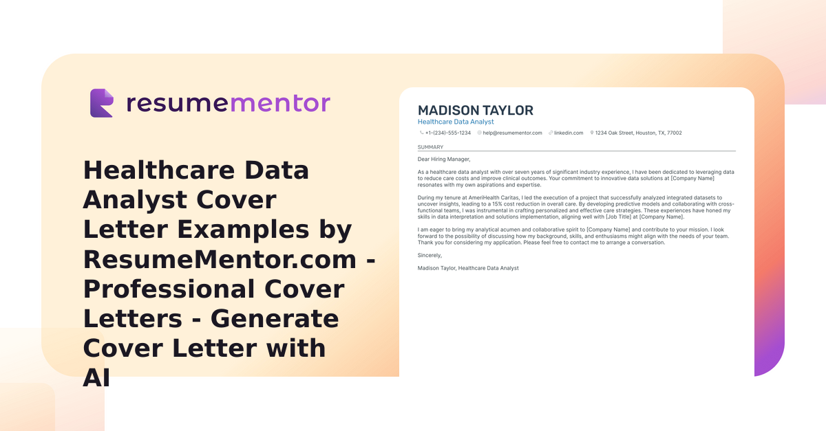 Healthcare Data Analyst Cover Letter Examples by ResumeMentor.com ...