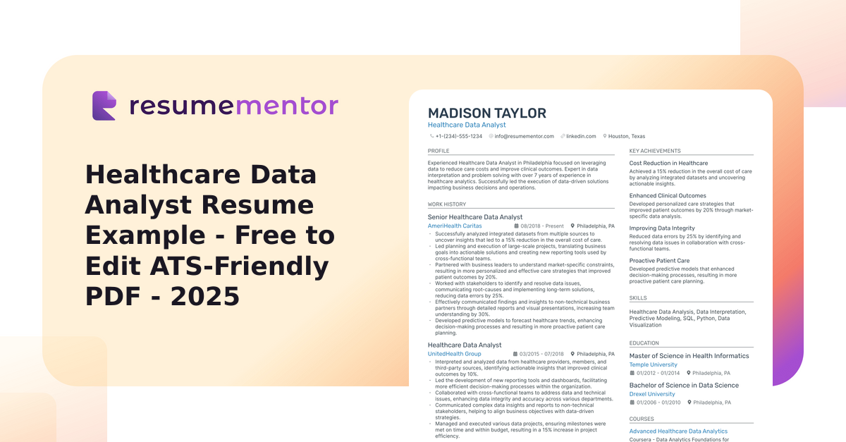 Healthcare Data Analyst Resume Example - Free to Edit ATS-Friendly PDF ...