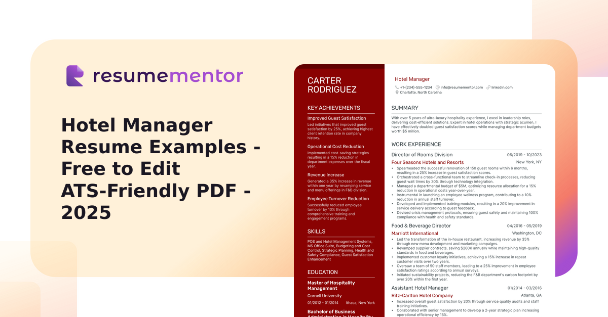 Hotel Manager Resume Examples - Free to Edit ATS-Friendly PDF - 2025