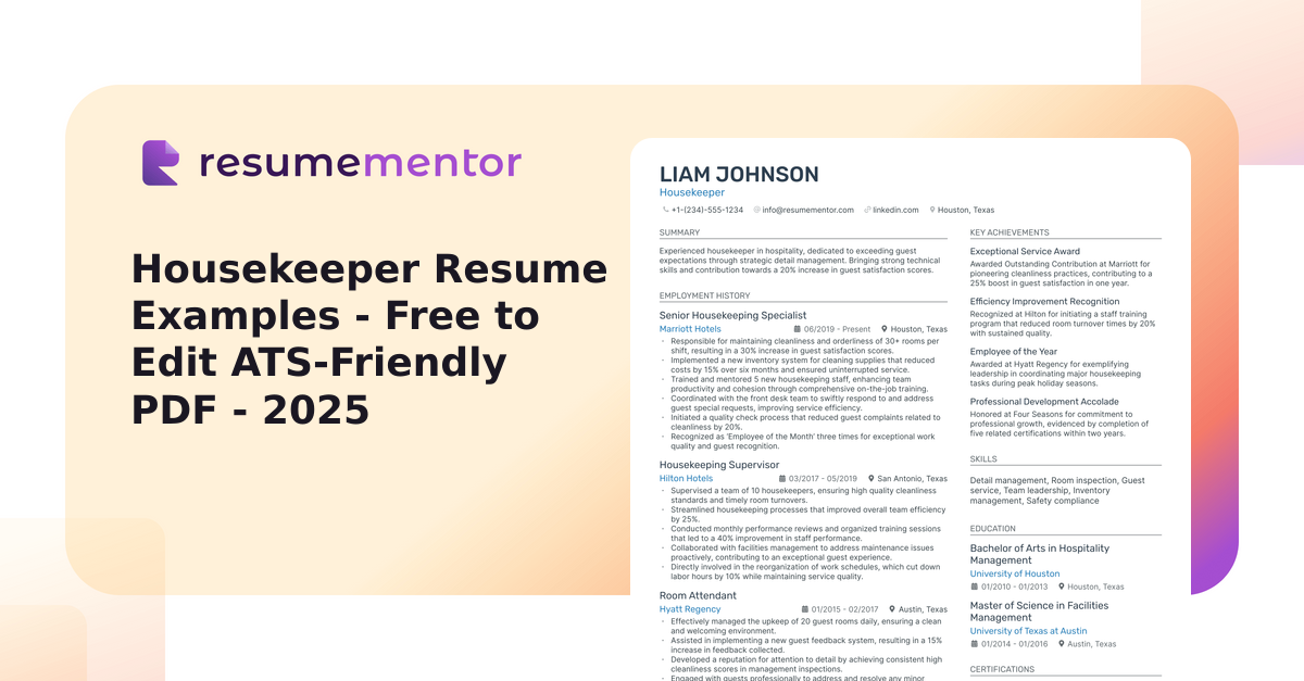 Housekeeper Resume Examples - Free to Edit ATS-Friendly PDF - 2025