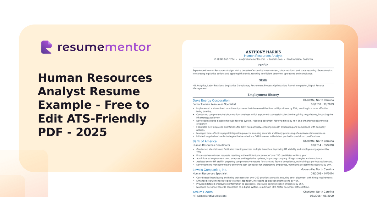 Human Resources Analyst Resume Example - Free to Edit ATS-Friendly PDF ...