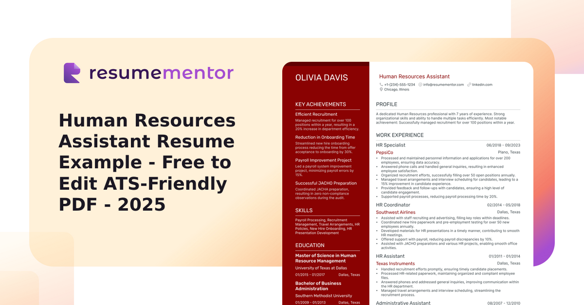 Human Resources Assistant Resume Example - Free to Edit ATS-Friendly ...