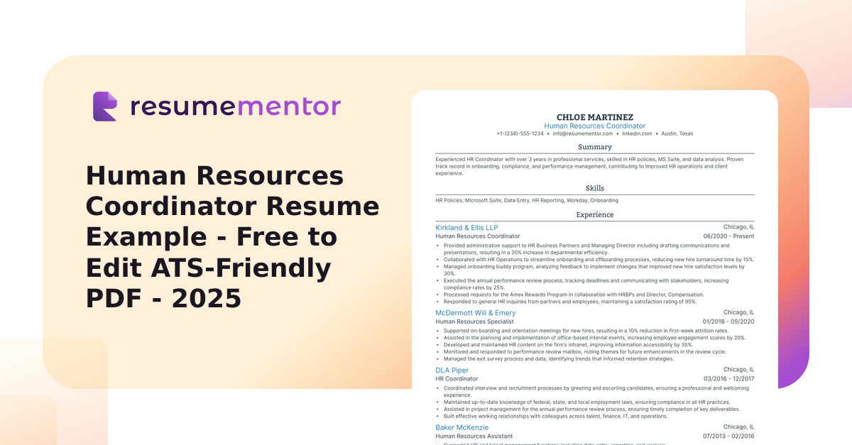 Human Resources Coordinator Resume Example - Free to Edit ATS-Friendly ...