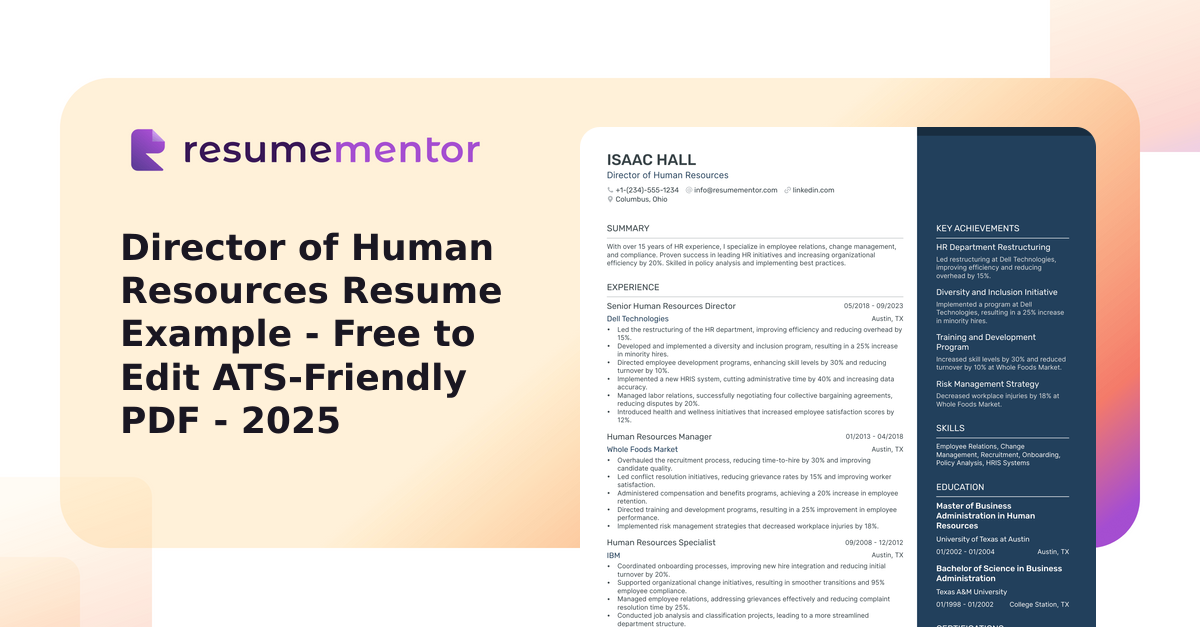 Director of Human Resources Resume Example - Free to Edit ATS-Friendly ...