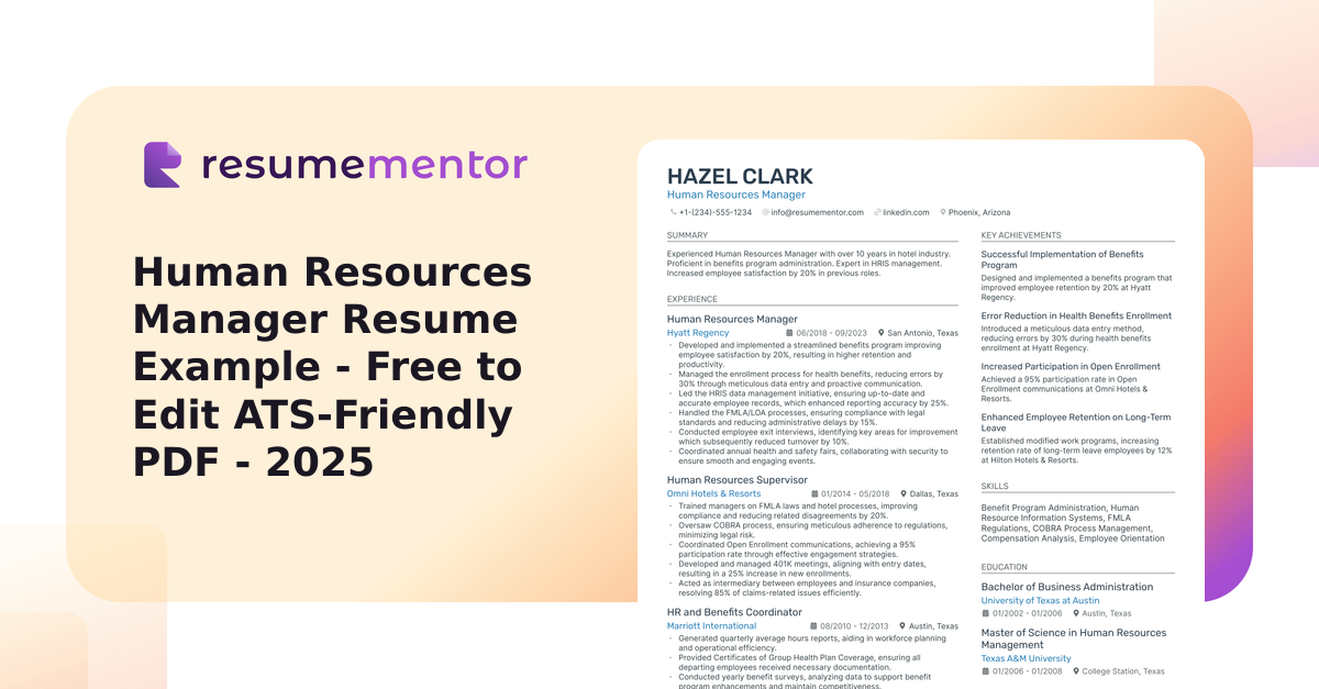 Human Resources Manager Resume Example - Free to Edit ATS-Friendly PDF ...