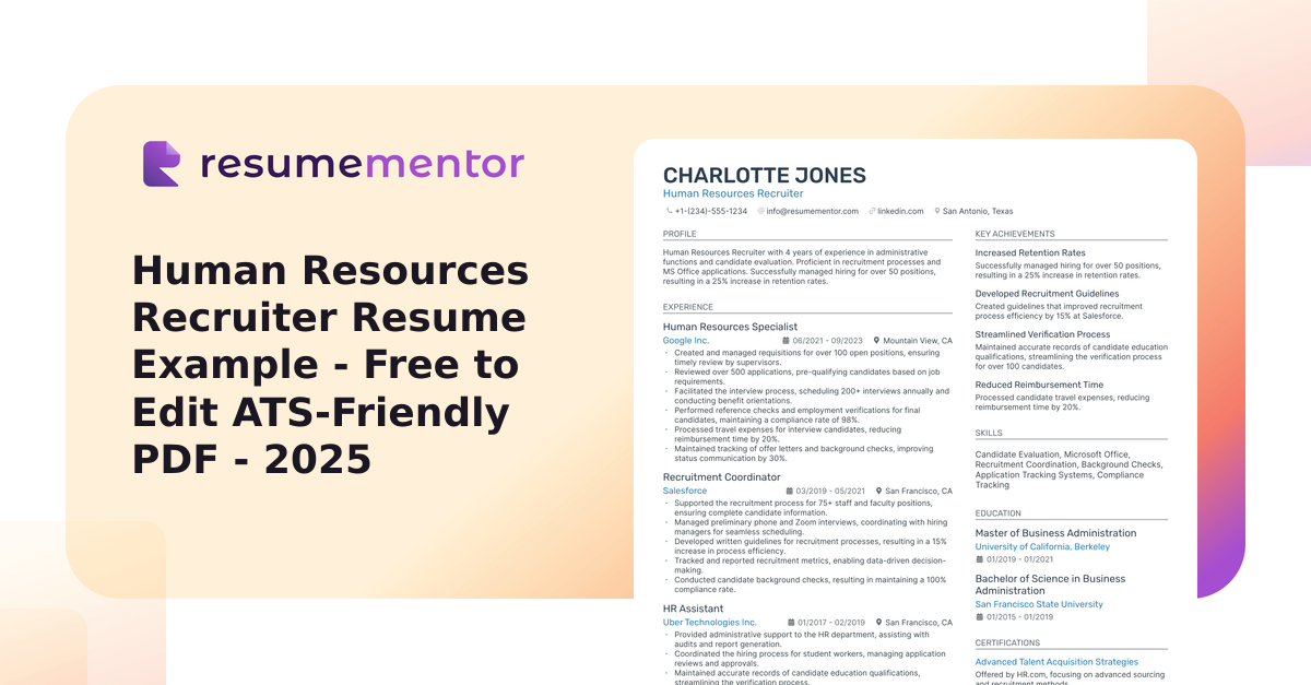 Human Resources Recruiter Resume Example - Free to Edit ATS-Friendly ...