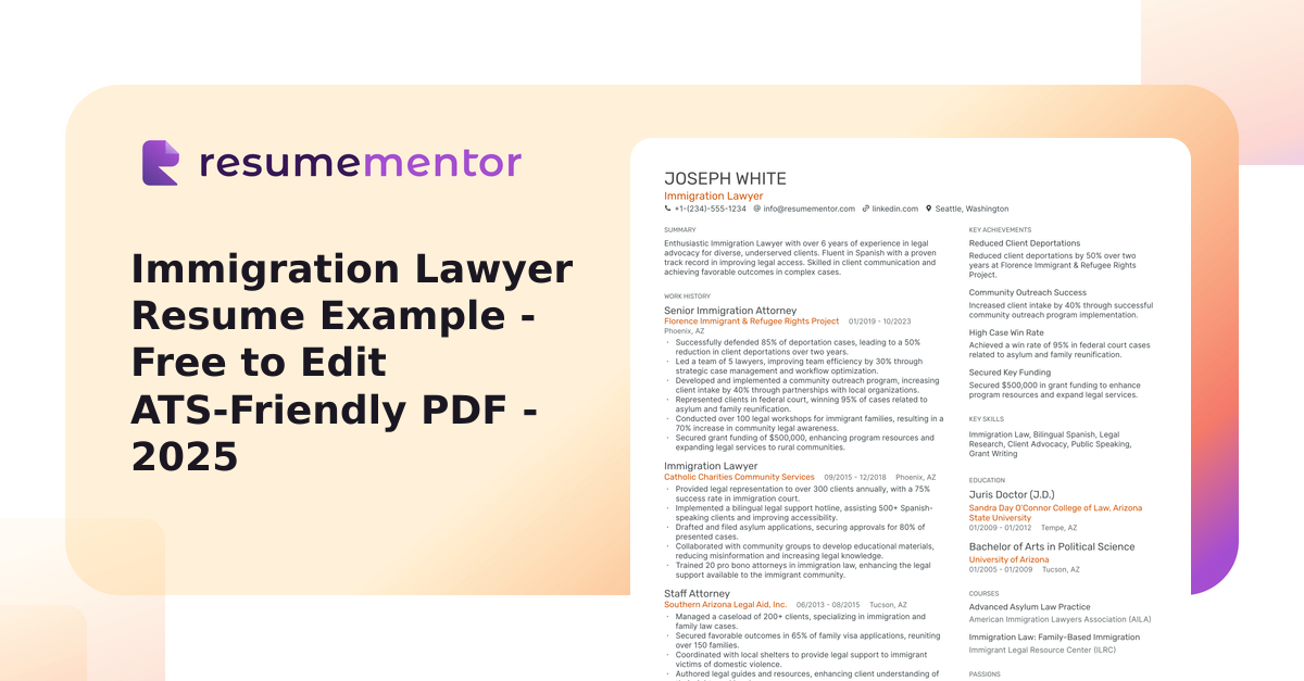 Immigration Lawyer Resume Example - Free to Edit ATS-Friendly PDF - 2025