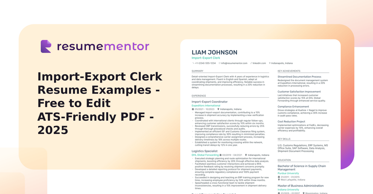 Import-Export Clerk Resume Examples - Free to Edit ATS-Friendly PDF - 2025