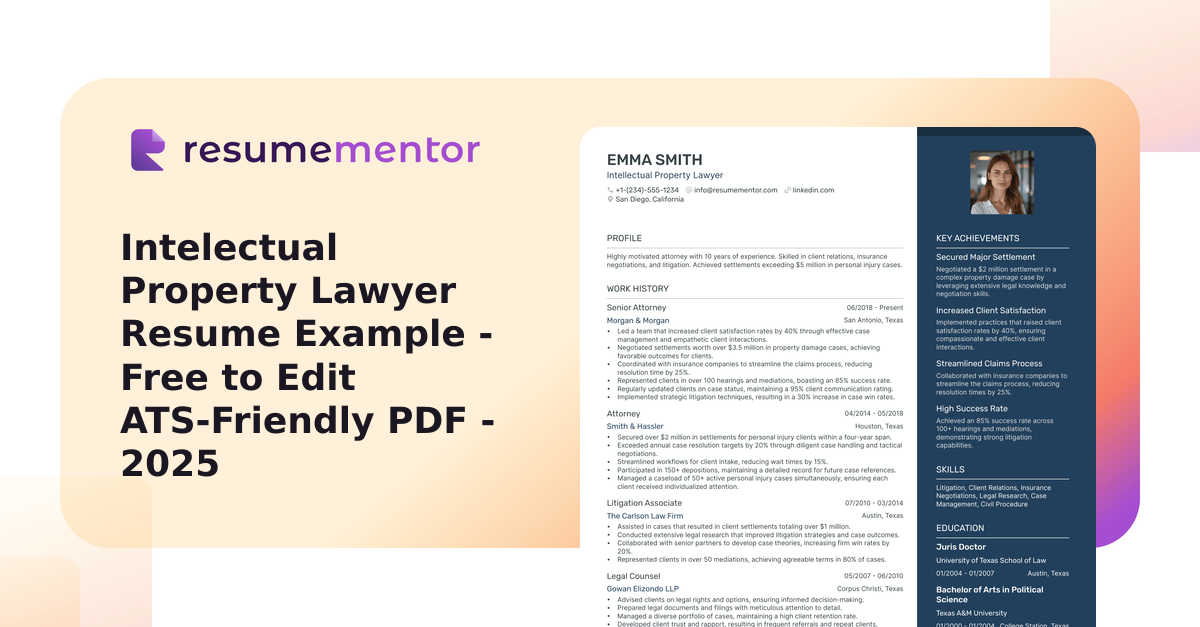 Intelectual Property Lawyer Resume Example - Free to Edit ATS-Friendly ...
