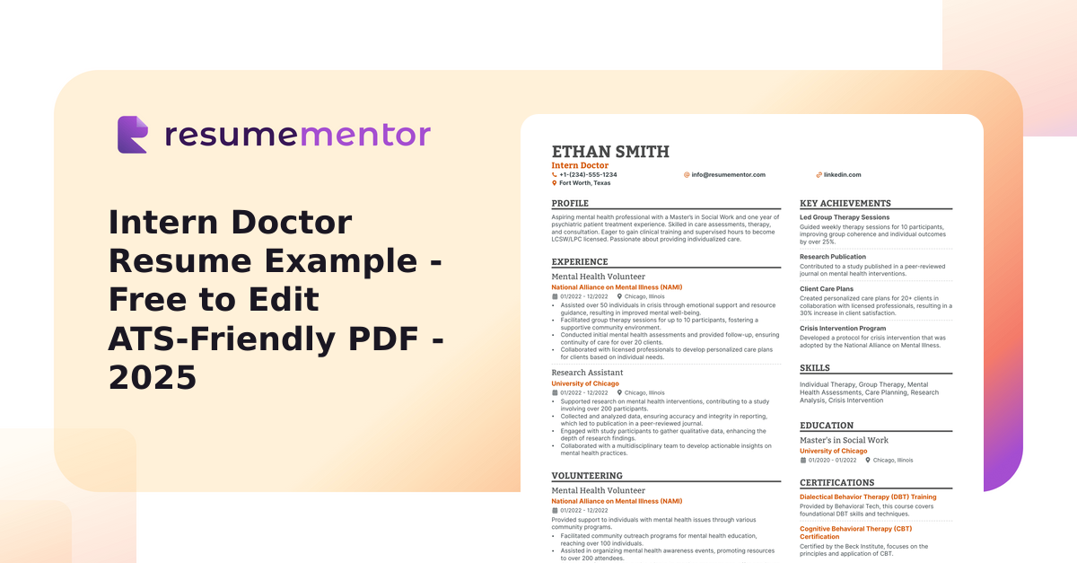 Intern Doctor Resume Example - Free to Edit ATS-Friendly PDF - 2025