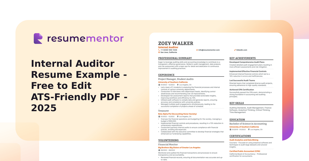Internal Auditor Resume Example - Free to Edit ATS-Friendly PDF - 2025