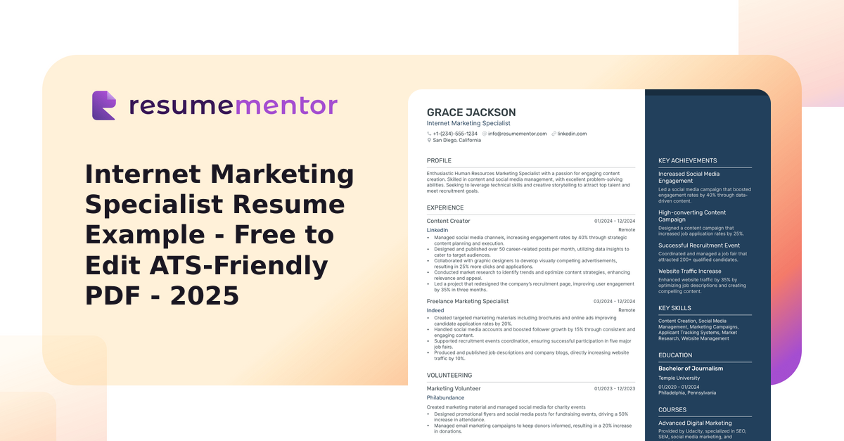 Internet Marketing Specialist Resume Example - Free to Edit ATS ...