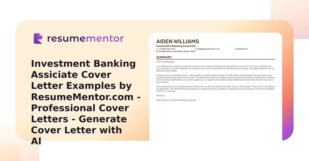 Investment Banking Assiciate Cover Letter Examples by ResumeMentor.com ...