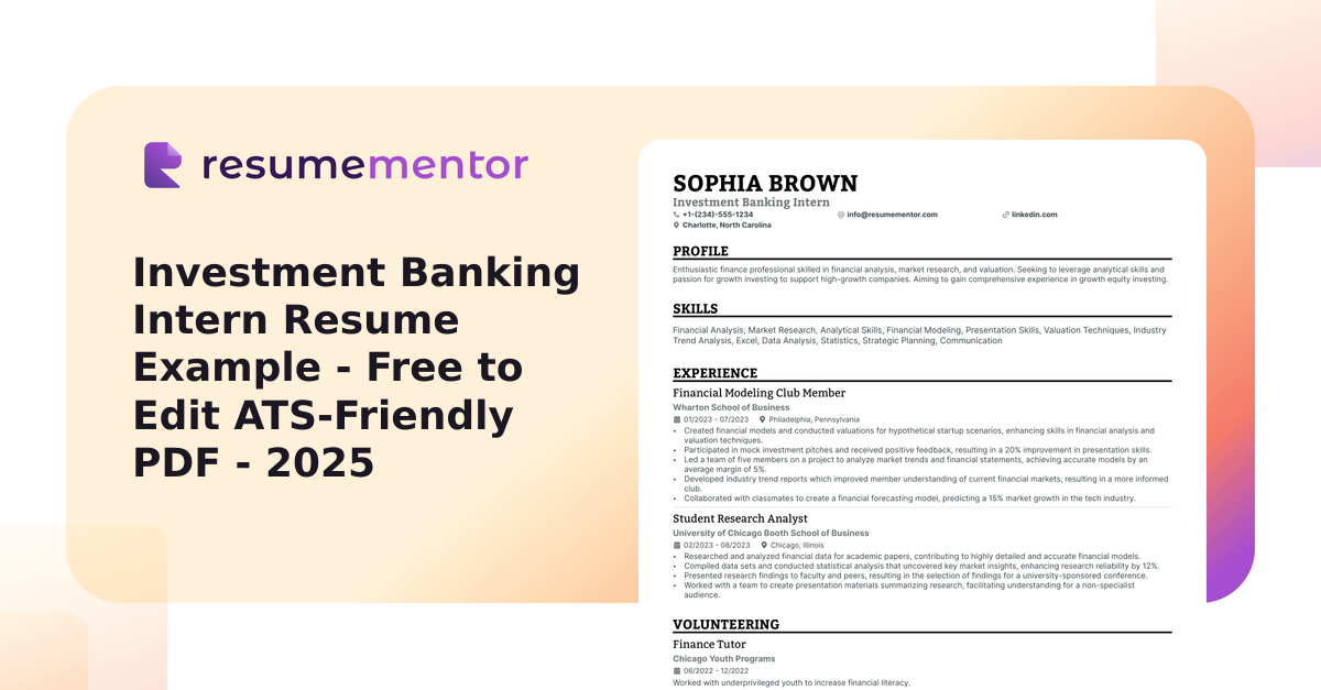 Investment Banking Intern Resume Example - Free to Edit ATS-Friendly ...
