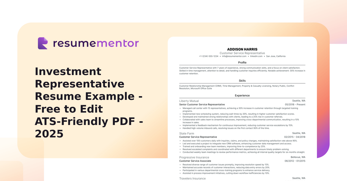 Investment Representative Resume Example - Free to Edit ATS-Friendly ...