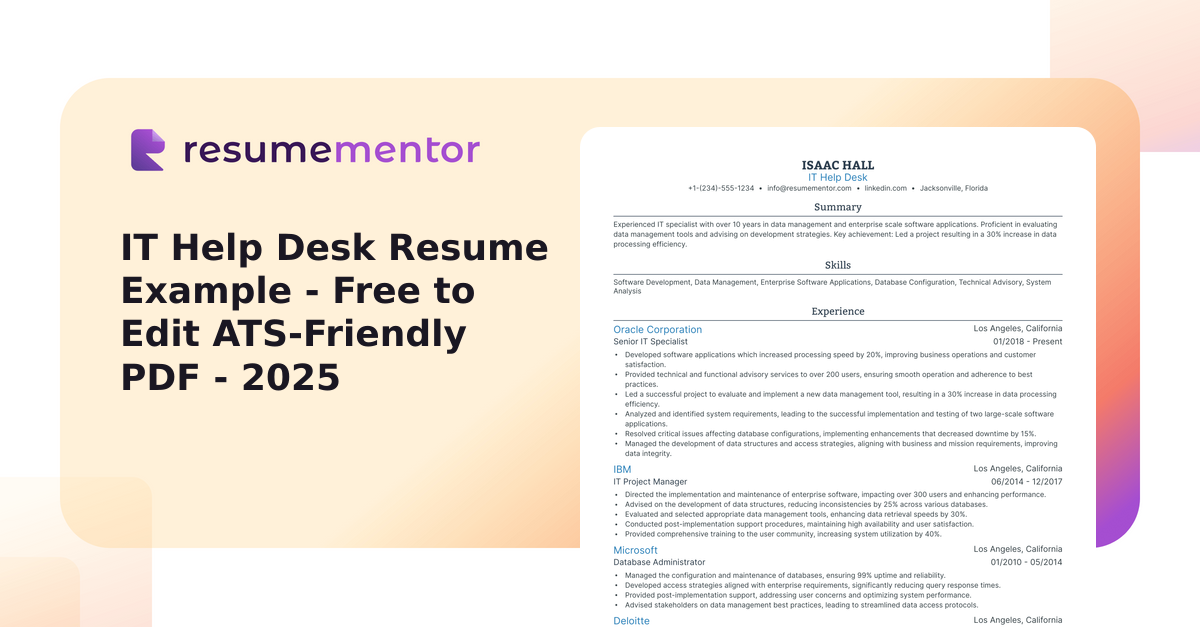 IT Help Desk Resume Example - Free to Edit ATS-Friendly PDF - 2025