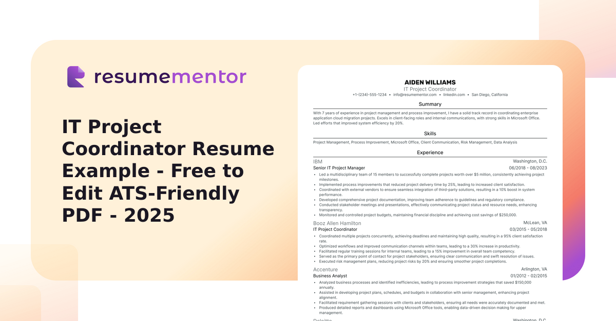 IT Project Coordinator Resume Example - Free to Edit ATS-Friendly PDF ...
