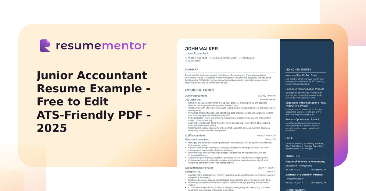 Junior Accountant Resume Example - Free to Edit ATS-Friendly PDF - 2025