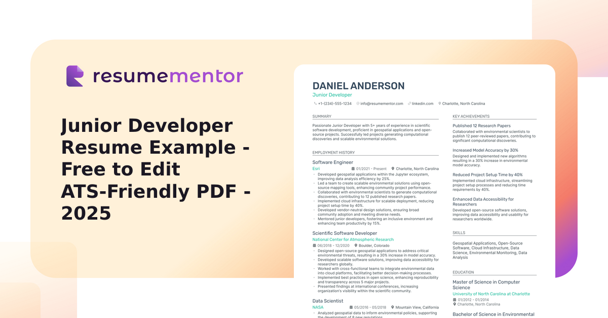 Junior Developer Resume Example - Free to Edit ATS-Friendly PDF - 2025