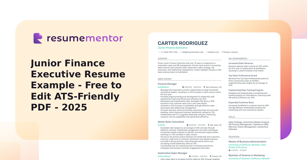 Junior Finance Executive Resume Example - Free to Edit ATS-Friendly PDF ...