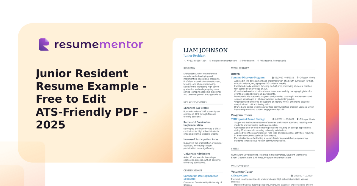 Junior Resident Resume Example - Free to Edit ATS-Friendly PDF - 2025