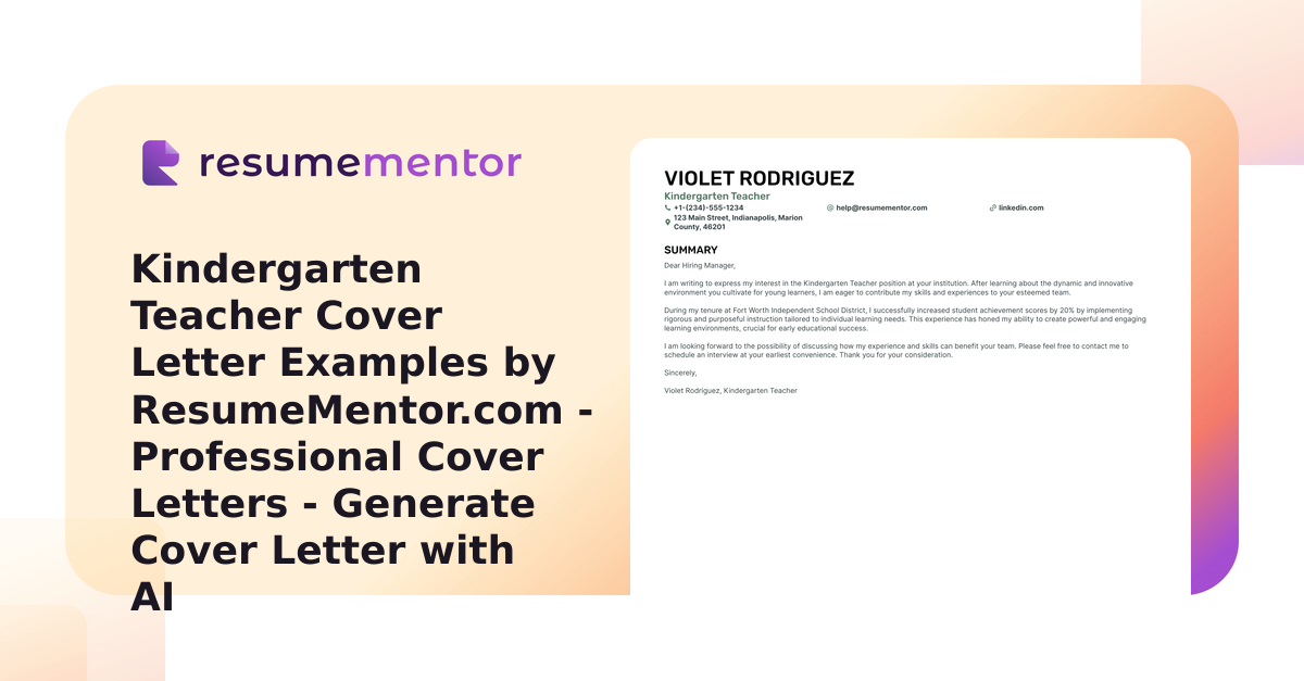 Kindergarten Teacher Cover Letter Examples by ResumeMentor.com ...
