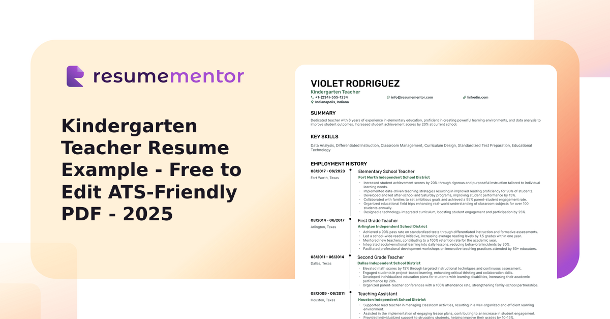 Kindergarten Teacher Resume Example - Free to Edit ATS-Friendly PDF - 2025