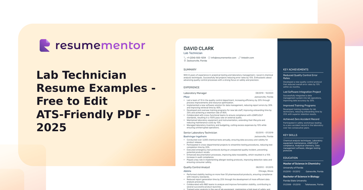 Lab Technician Resume Examples - Free to Edit ATS-Friendly PDF - 2025