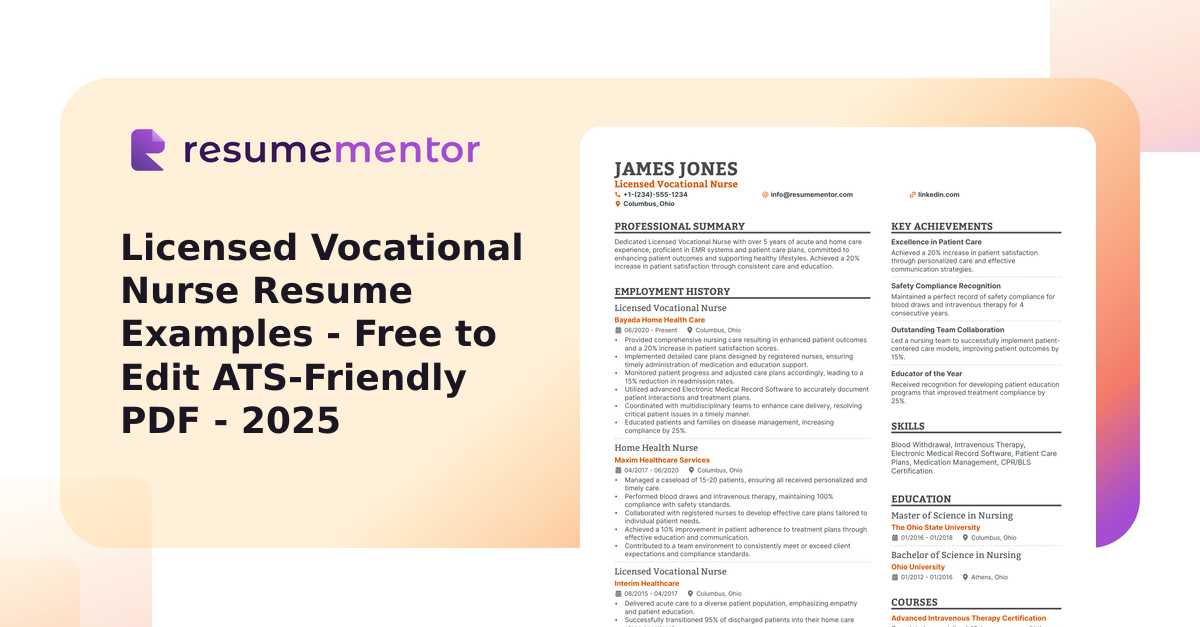 Licensed Vocational Nurse Resume Examples - Free to Edit ATS-Friendly ...