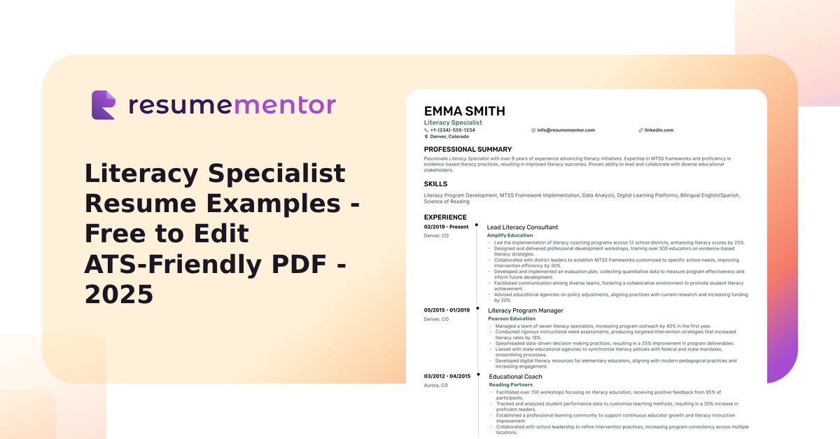 Literacy Specialist Resume Examples - Free to Edit ATS-Friendly PDF - 2025
