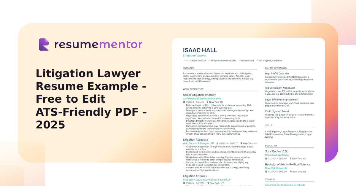 Litigation Lawyer Resume Example - Free to Edit ATS-Friendly PDF - 2025