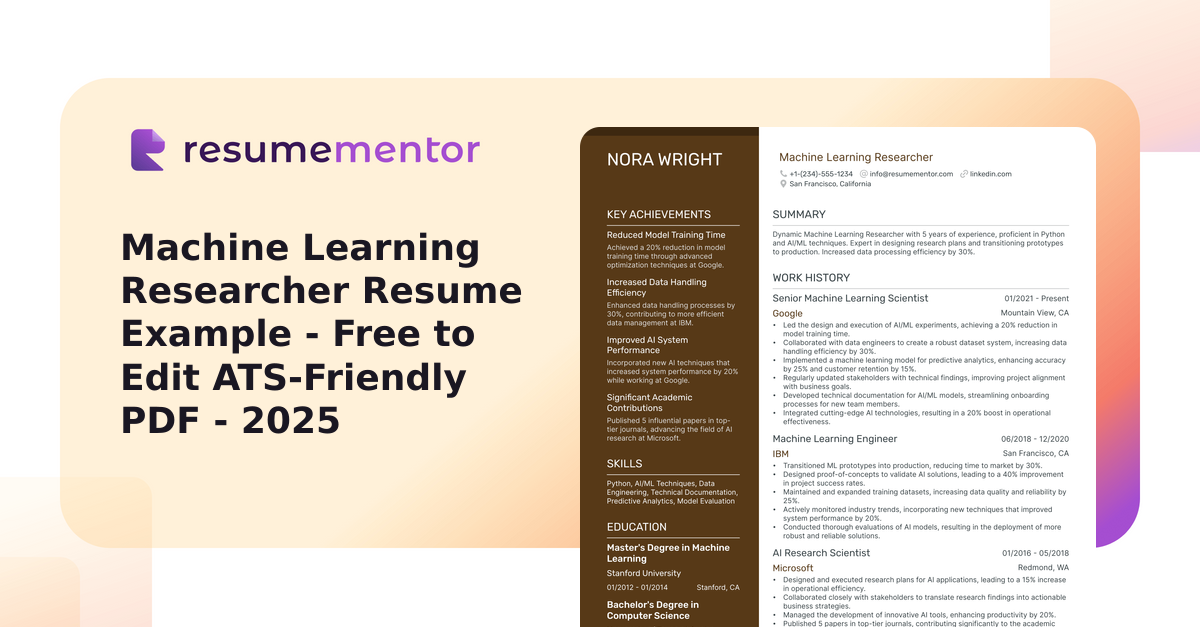 Machine Learning Researcher Resume Example - Free to Edit ATS-Friendly ...
