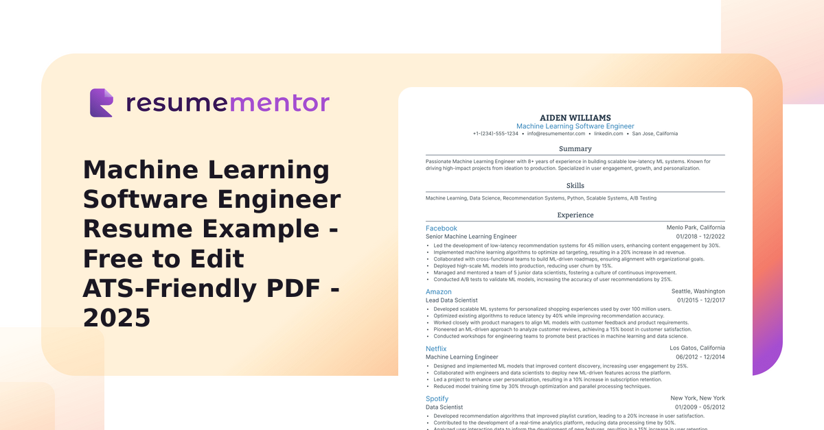 Machine Learning Software Engineer Resume Example - Free to Edit ATS ...